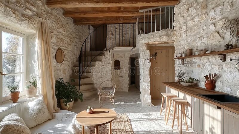 Rustic, Sun-drenched Interior with Stone Walls Stock Illustration ...
