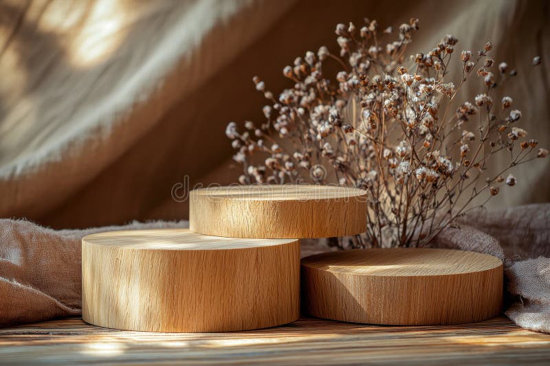 Rustic Wooden Podium with Dried Flowers for Product Display Stock Photo ...