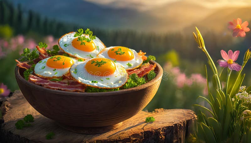 Rustic Sunrise Breakfast. Fried Eggs with Bacon and Herbs in Forest ...