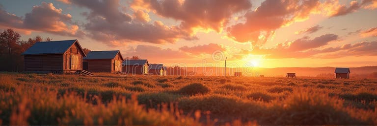 Rustic Sunrise Over Rural Countryside Cabins in Tranquil Landscape ...