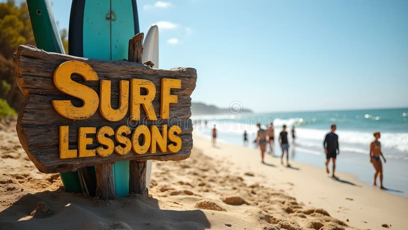 Rustic Surf Lessons Sign with Surfboards on Sandy Beach Stock ...