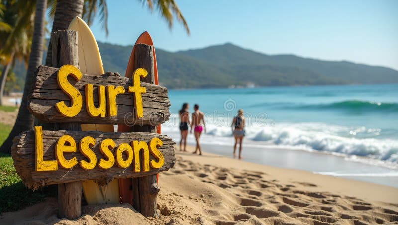 Rustic Surf Lessons Sign with Surfboards on Sandy Beach Stock ...