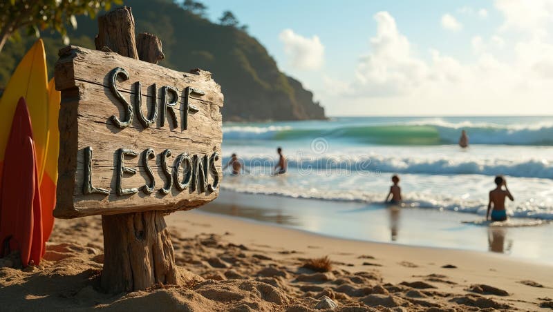 Rustic Surf Lessons Sign with Surfboards on Sandy Beach Stock ...