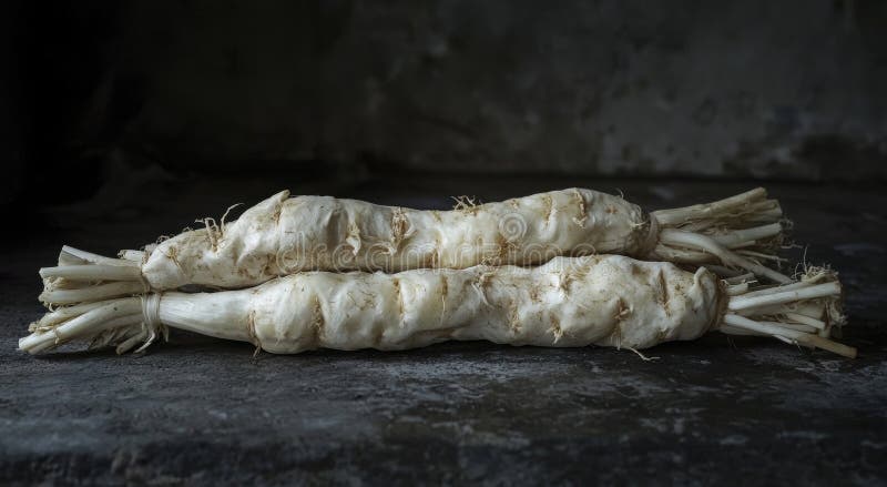 A Rustic Surface Displaying a Stack of Fresh Organic Burdock Root, Also ...
