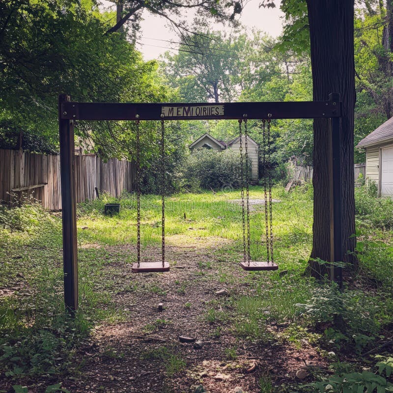 Rustic Swing Set in Overgrown Backyard Scene Stock Photo - Image of ...