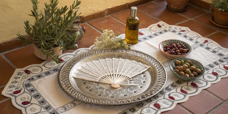 Traditional Table Setting with Decorative Fan, Olives, and Olive Oil in ...