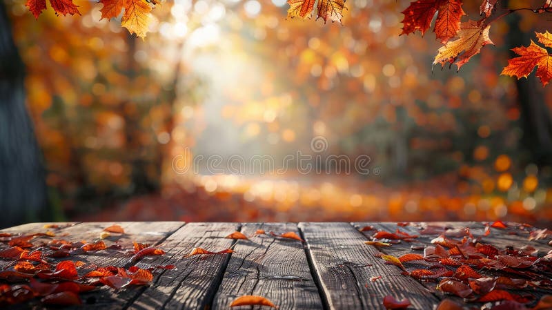Rustic Table Against a Blur of Autumn Leaves, Perfect for a Fallthemed ...