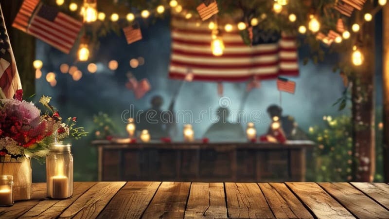 Rustic Table with an American Flag Centerpiece and Candles, Set for a ...