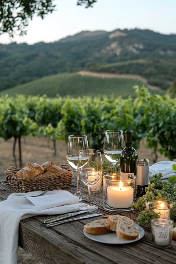 A Rustic Table is Arranged with Wine Glasses, a Bottle, Bread, and ...