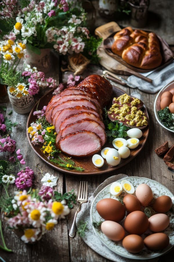 A Rustic Table Arrangement Featuring Sliced Ham, Eggs, and Fresh ...
