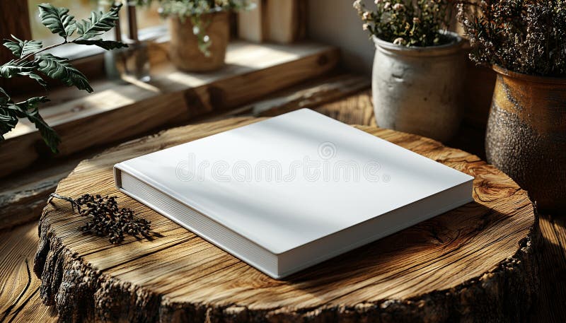 Rustic Table with Book, Plant, and Blank Paper Generated by AI Stock ...