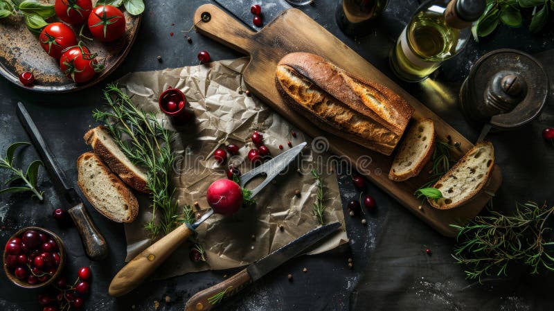 Rustic Table with Bread, Tomatoes, and Herbs Stock Photo - Image of ...