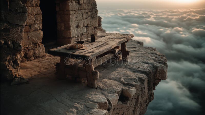 Rustic Table with Bread and Wine on Crumbling Stone Platform Above ...