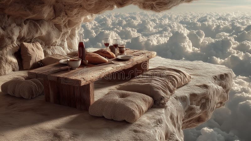 Rustic Table with Bread and Wine on Crumbling Stone Platform Above ...