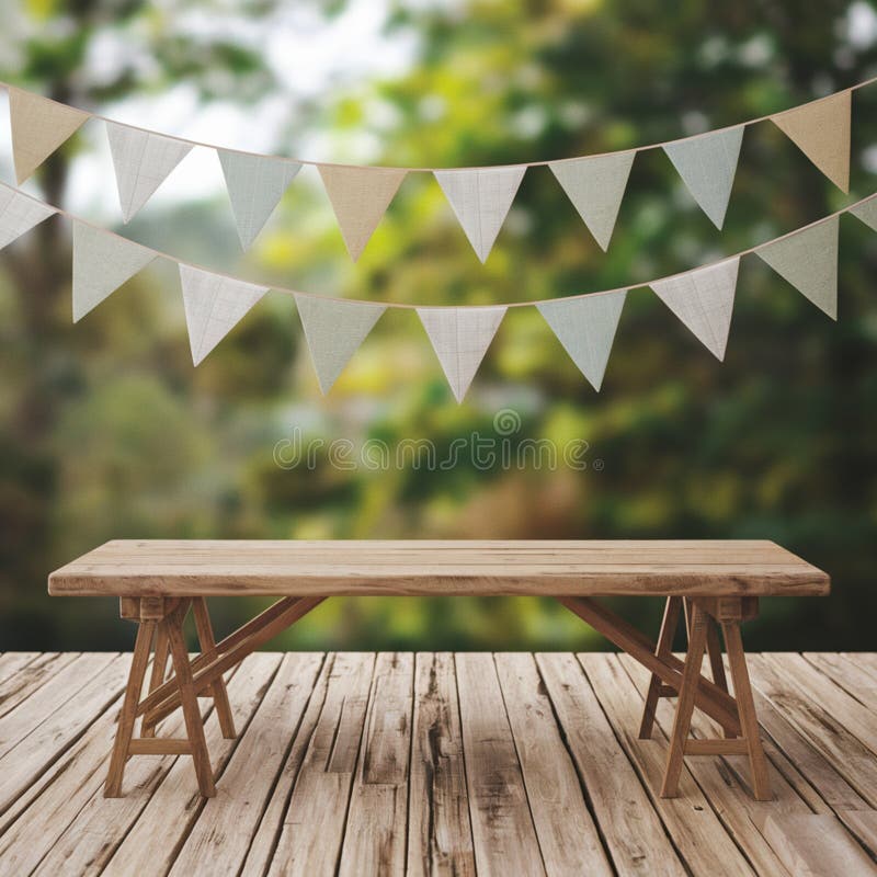 Rustic Table with Bunting Flags Above, Festive Atmosphere Against Green ...