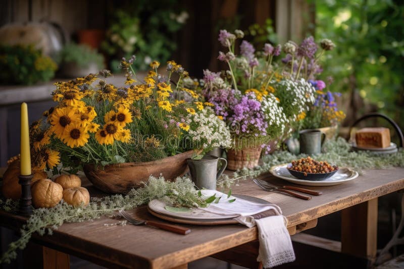 A Rustic Table with a Centerpiece of Wildflowers and Herbs Stock ...