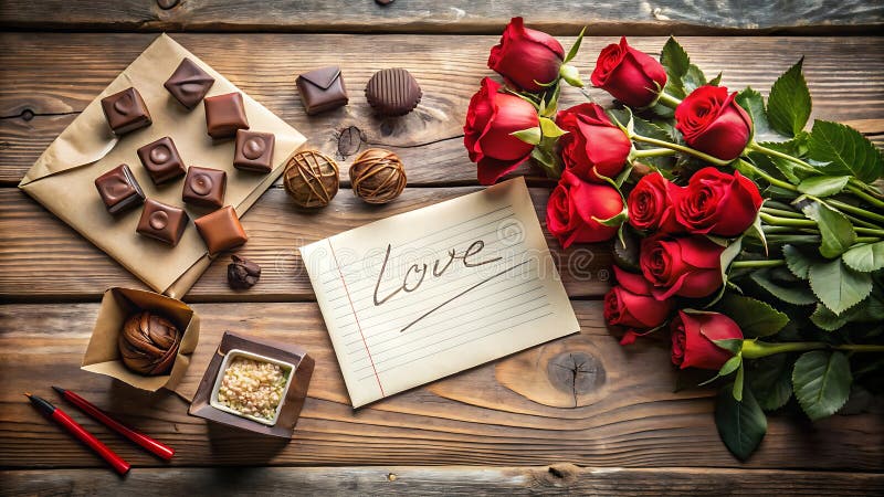 Rustic Table with Chocolates, Red Roses, and Handwritten Notes Stock ...