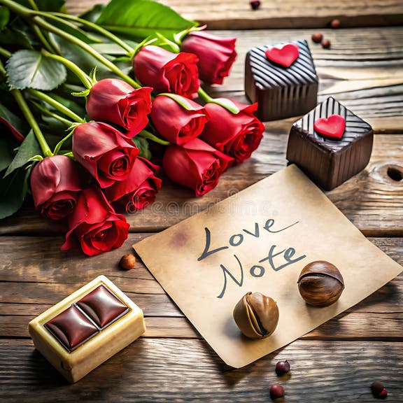 Rustic Table with Chocolates, Red Roses, and Handwritten Notes Stock ...