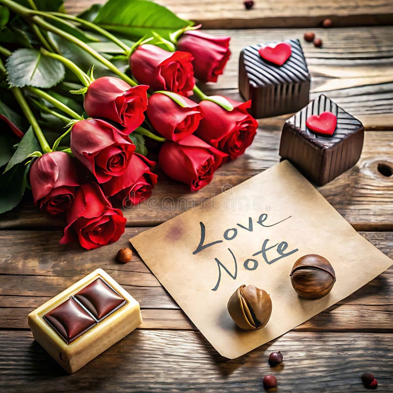 Rustic Table with Chocolates, Red Roses, and Handwritten Notes Stock ...