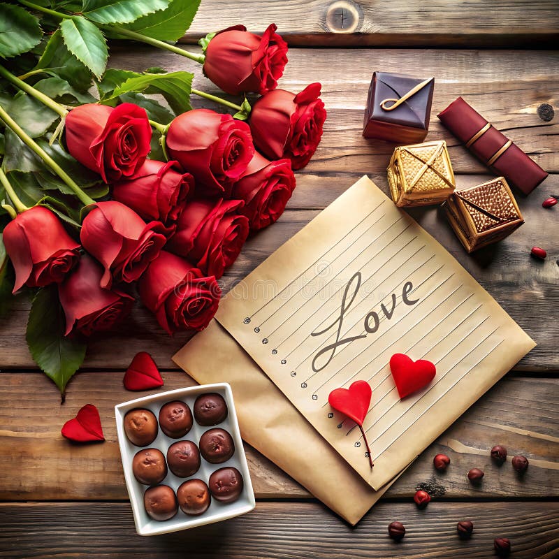 Rustic Table with Chocolates, Red Roses, and Handwritten Notes Stock ...