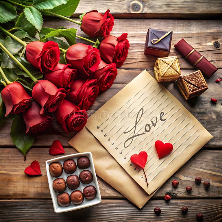 Rustic Table with Chocolates, Red Roses, and Handwritten Notes Stock ...