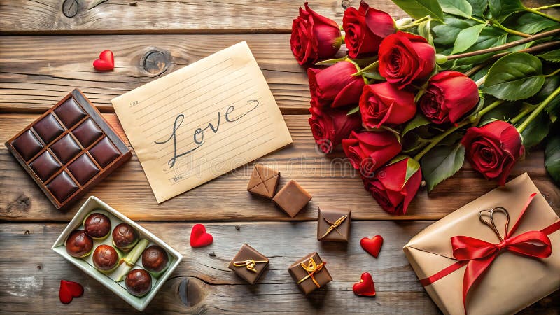 Rustic Table with Chocolates, Red Roses, and Handwritten Notes Stock ...