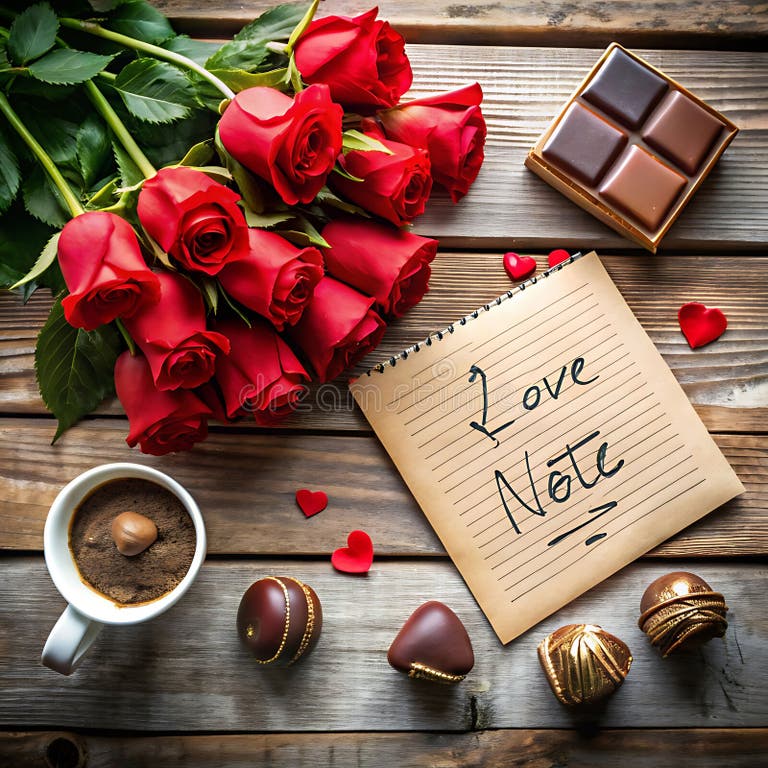 Rustic Table with Chocolates, Red Roses, and Handwritten Notes Stock ...