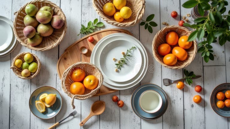 Rustic Table with Citrus and Mango Baskets in Natural Light Stock Photo ...