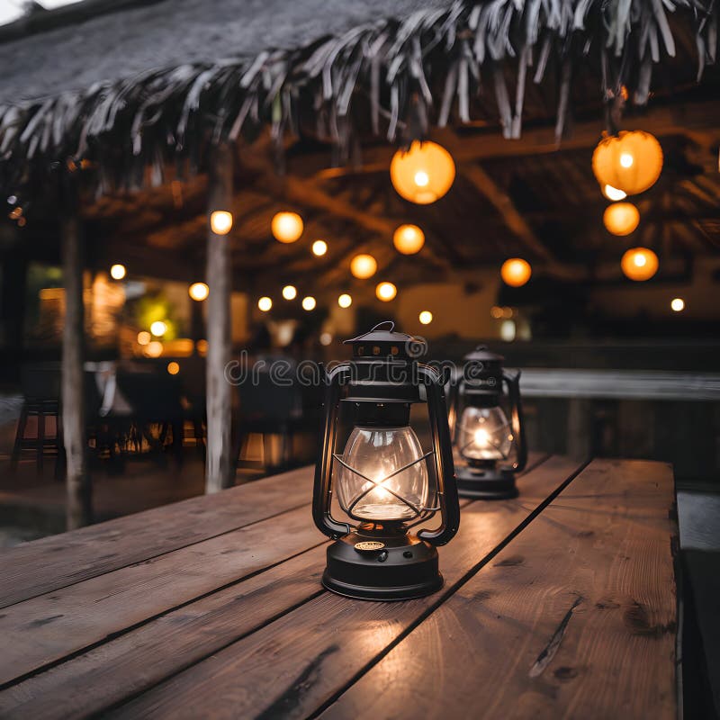 Rustic Table with Dimly Lit Establishment and Lanterns Exudes Warmth ...
