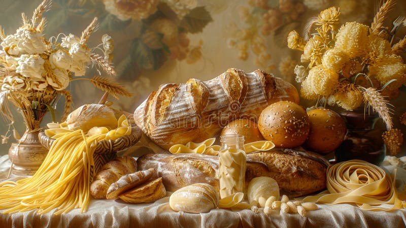 A Rustic Table Display Featuring Assorted Baked Goods, Pasta, and ...