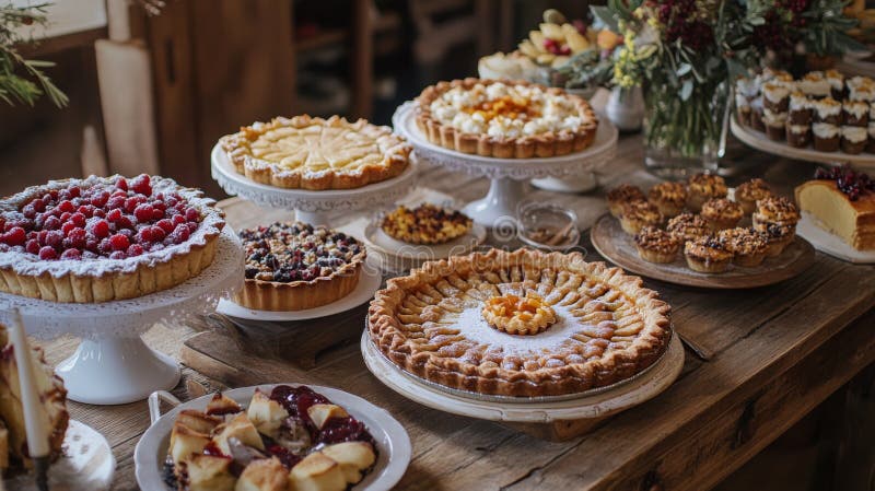 A Rustic Table Display of Various Pies and Pastries Stock Illustration ...