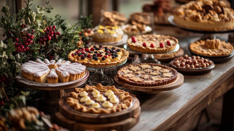 A Rustic Table Display of Various Pies and Tarts Stock Illustration ...