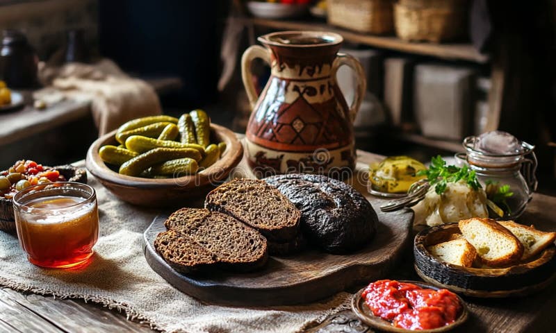 Traditional Meal Featuring Dark Bread, Pickles, and Rustic Dishes in a ...