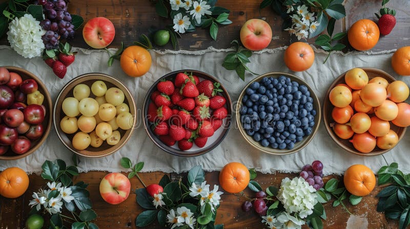 A Rustic Table Displays an Array of Colorful Fruit and Vibrant Flowers ...