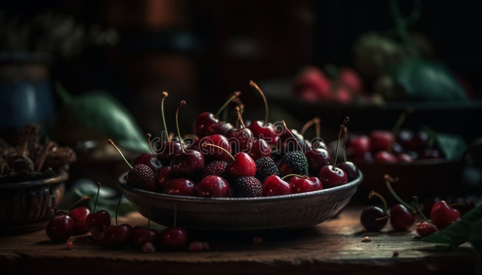 Rustic Table Displays Large Bowl of Juicy Organic Berry Fruit Generated ...