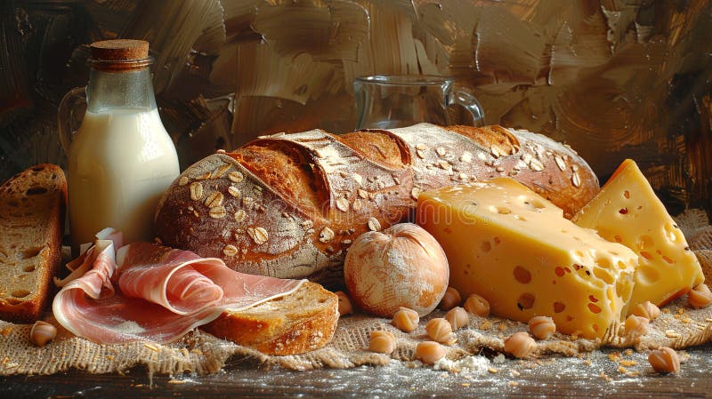 Delightful Rustic Table Spread with Bread, Cheese, Ham, and Milk Jar ...