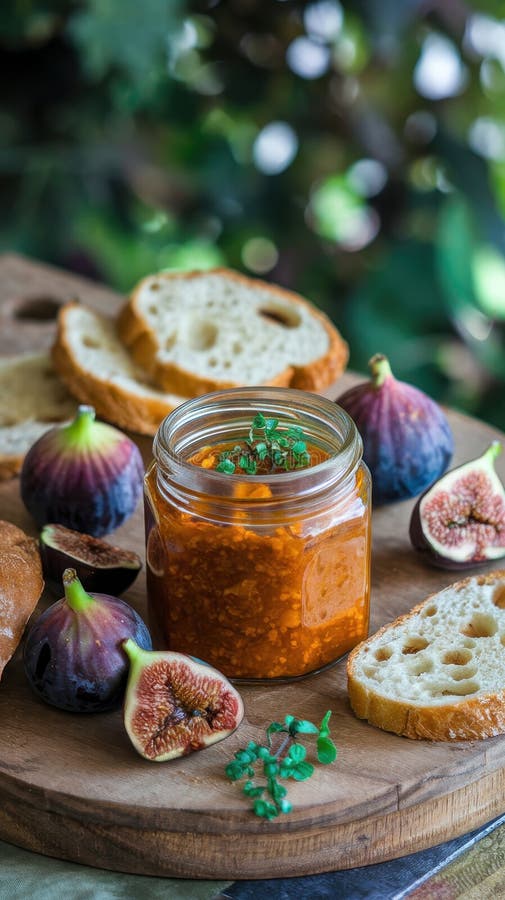 Rustic Table with Fig Jam, Fresh Figs, and Bread in Garden Setting ...