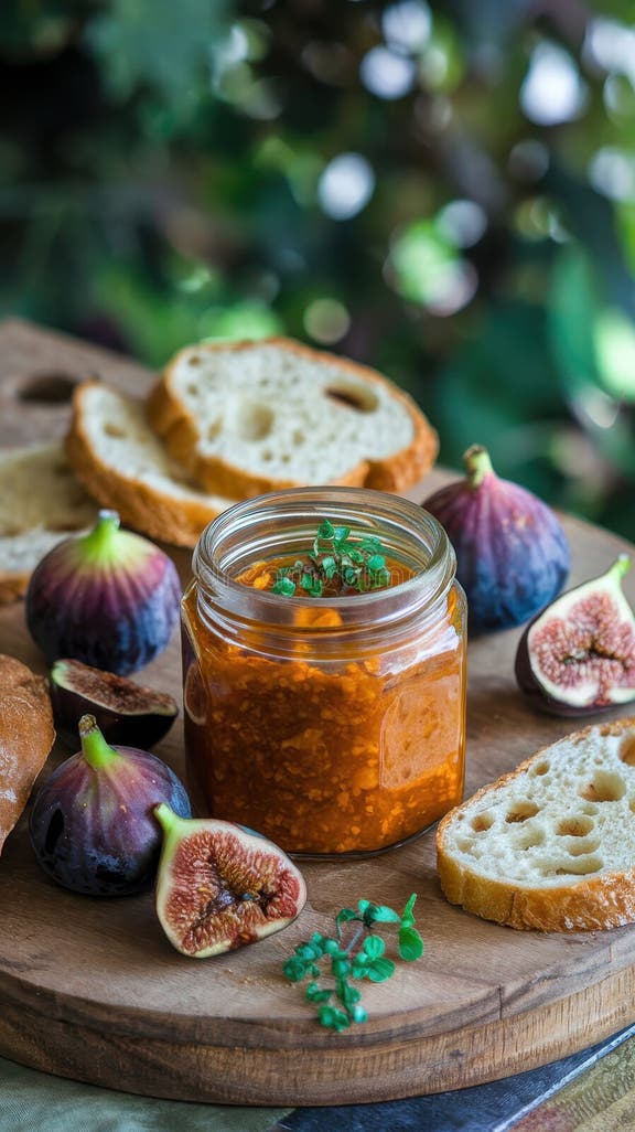 Rustic Table with Fig Jam, Fresh Figs, and Bread in Garden Setting Stock Illustration ...
