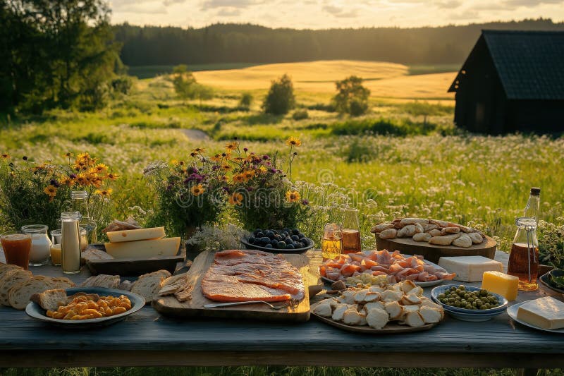Celebrating Midsummer with a Delicious Feast in the Countryside Stock ...