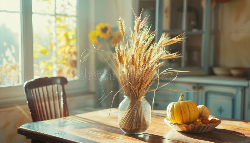 Rustic Table with Fresh Wheat, Autumn Golden Beauty Indoors Stock ...