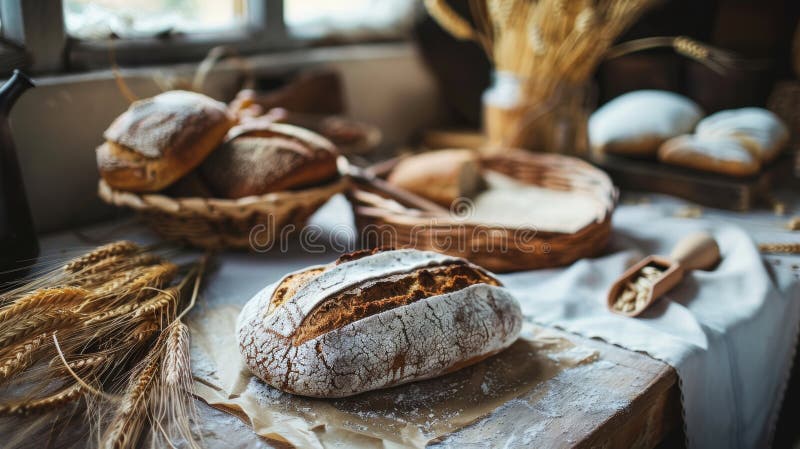 Rustic Table with Freshly Baked White Bread and Wheat Sheaves, Country ...