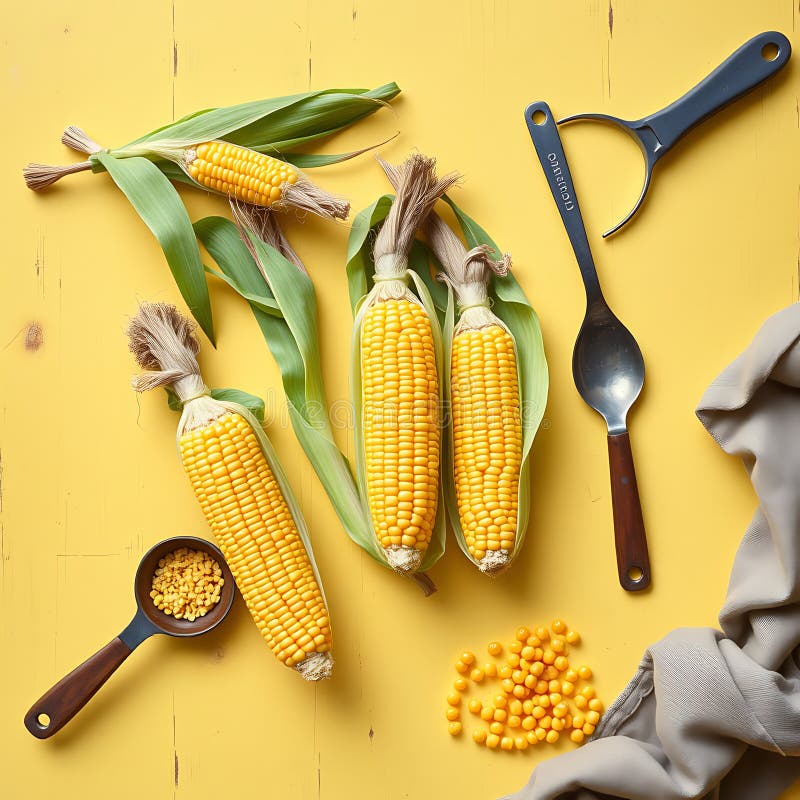 A Rustic Table with Freshly Harvested Corn and Kitchen Tools on a ...