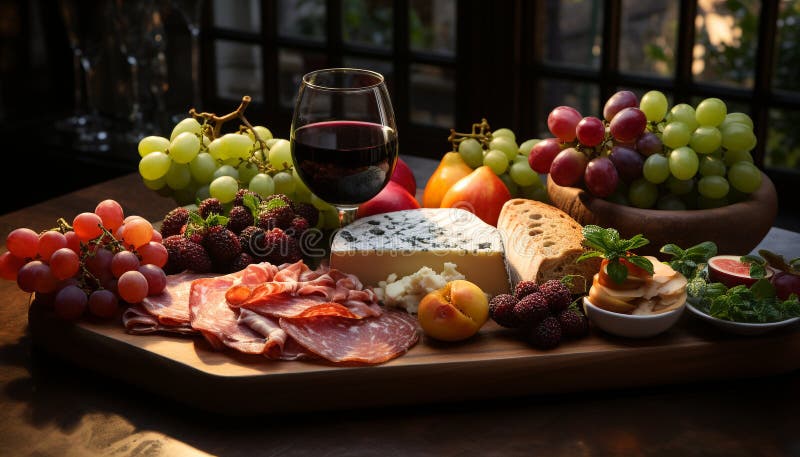 Rustic Table, Gourmet Meal Wine, Prosciutto, Bread, Cheese, Fruit ...