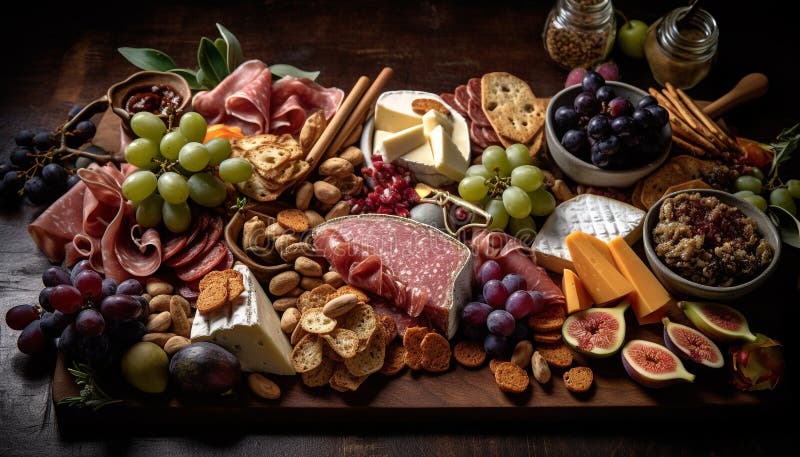 Rustic Table with Gourmet Meat and Cheese Generated by AI Stock Photo ...