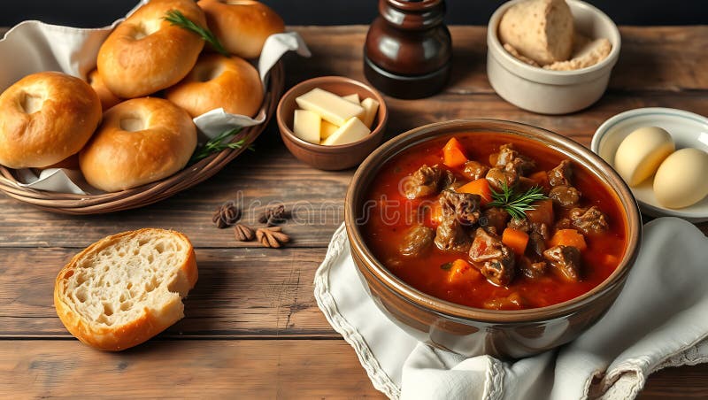 A Rustic Table with a Hearty Beef Stew Bread Rolls and Butter Stock ...