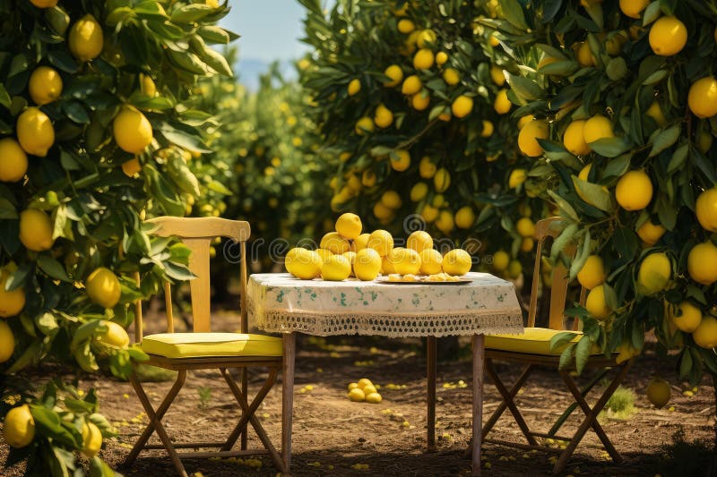 Rustic Table in Lemon Farm. Generate Ai Stock Image - Image of field ...