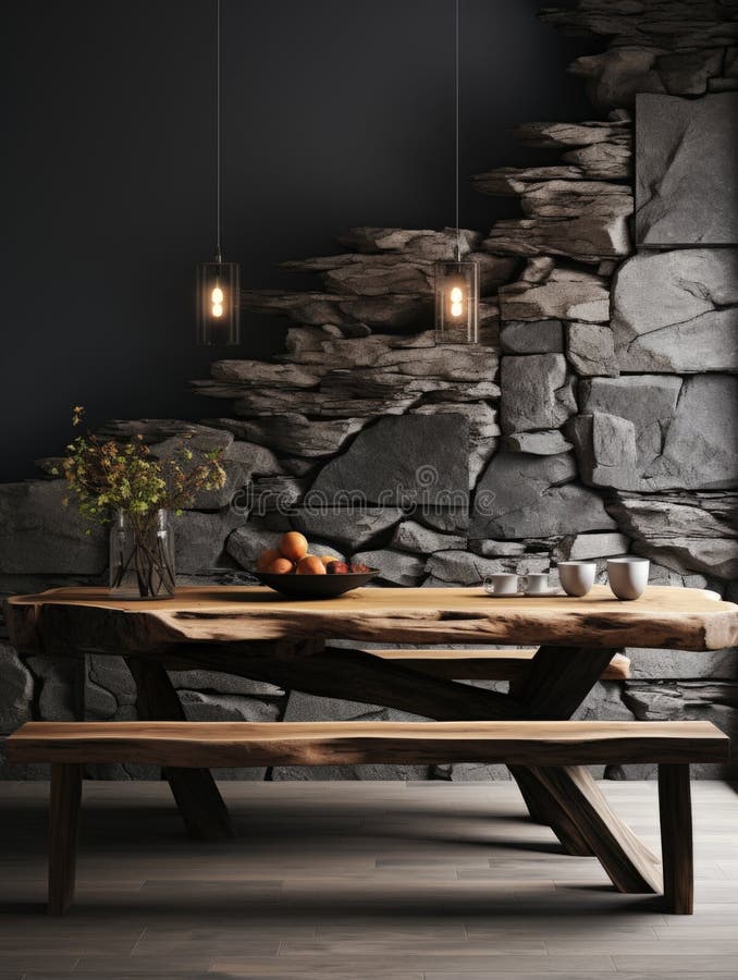 Rustic Table Made from Solid Natural Aged Wood Slab on Stones Rubbles ...