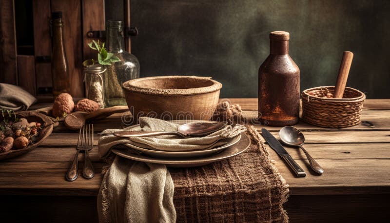 Rustic Table with Old Fashioned Crockery and Silverware for Meal ...