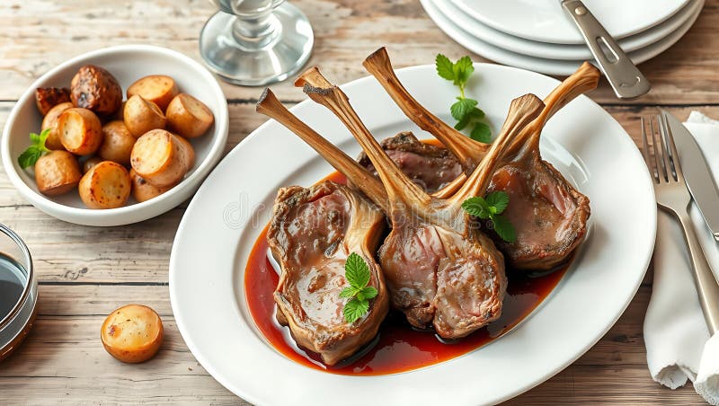 A Rustic Table with a Platter of Lamb Chops Mint Sauce and Roasted ...