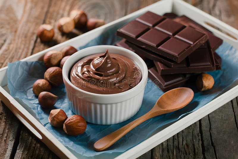 Rustic Table with Ramekin of Chocolate Spread, Hazelnuts, Chocolate ...